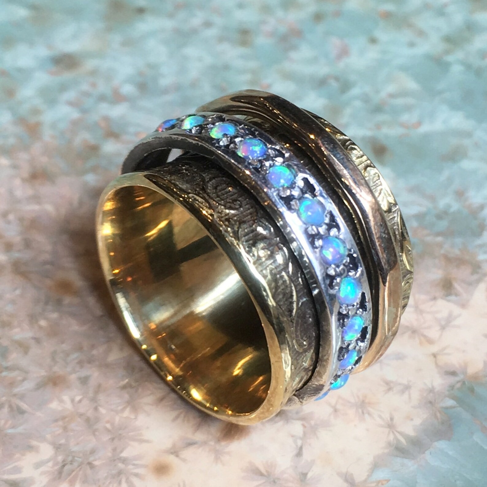 Blue Opals Ring, Spinners Ring, Wide Brass Gold Silver Ring, Boho Ring ...