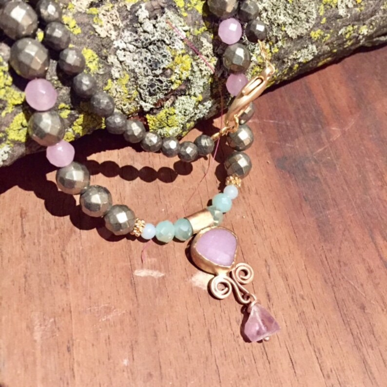Rose Quartz Pyrite Necklace, Multistone Necklace, Gemstone Pendant ...