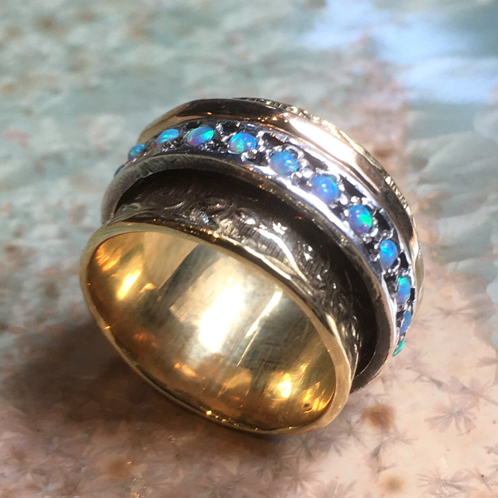 Blue Opals Ring, Spinners Ring, Wide Brass Gold Silver Ring, Boho Ring ...