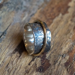 Spinner Ring, Sterling Silver Ring, Botanical Band, Yellow Gold Ring, Meditation Ring, Leaves ...