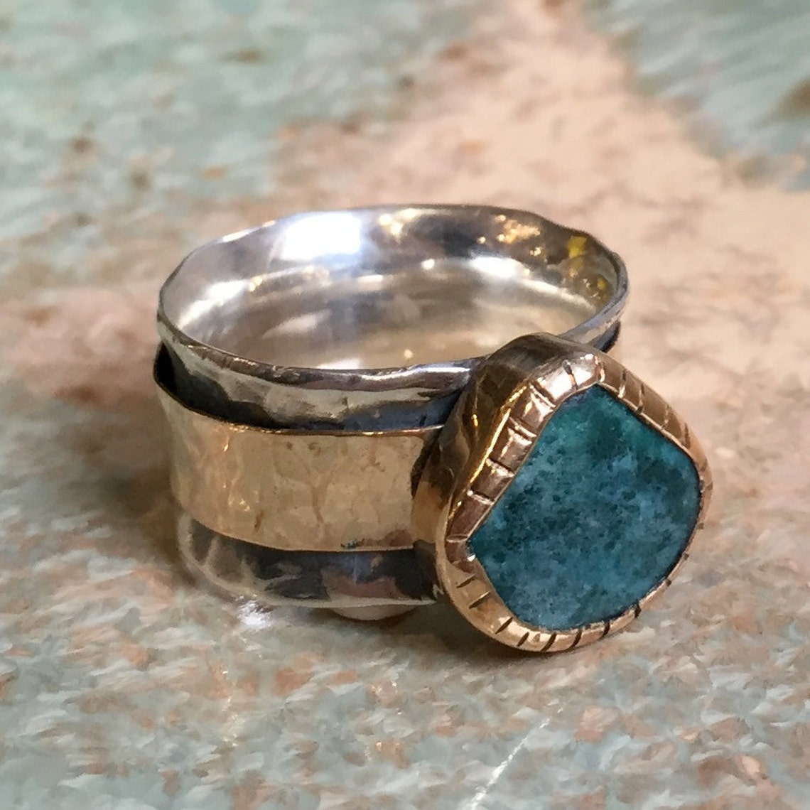 Apatite Ring, Silver Gold Band, Spinner Ring, Wedding Engagement Ring ...