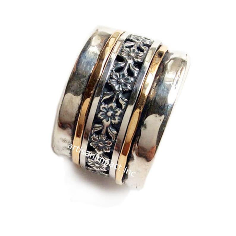 Wide Wedding Band, Silver Gold Band, Spinner Ring, Meditation Ring ...