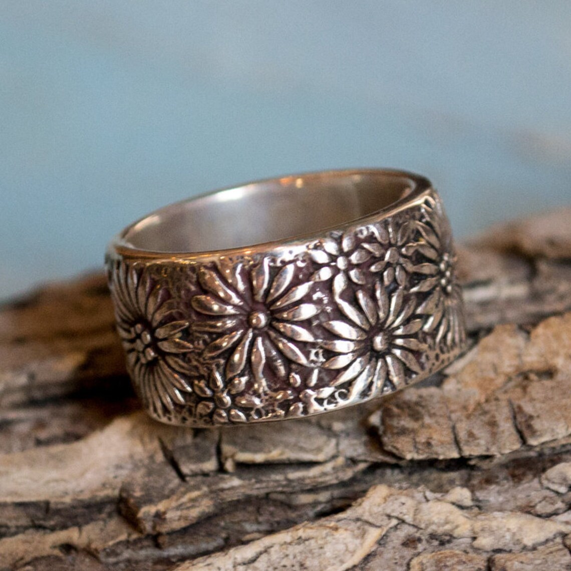 Silver Band, Wide Silver Band, Unisex Band, Floral Silver Ring, Silver ...