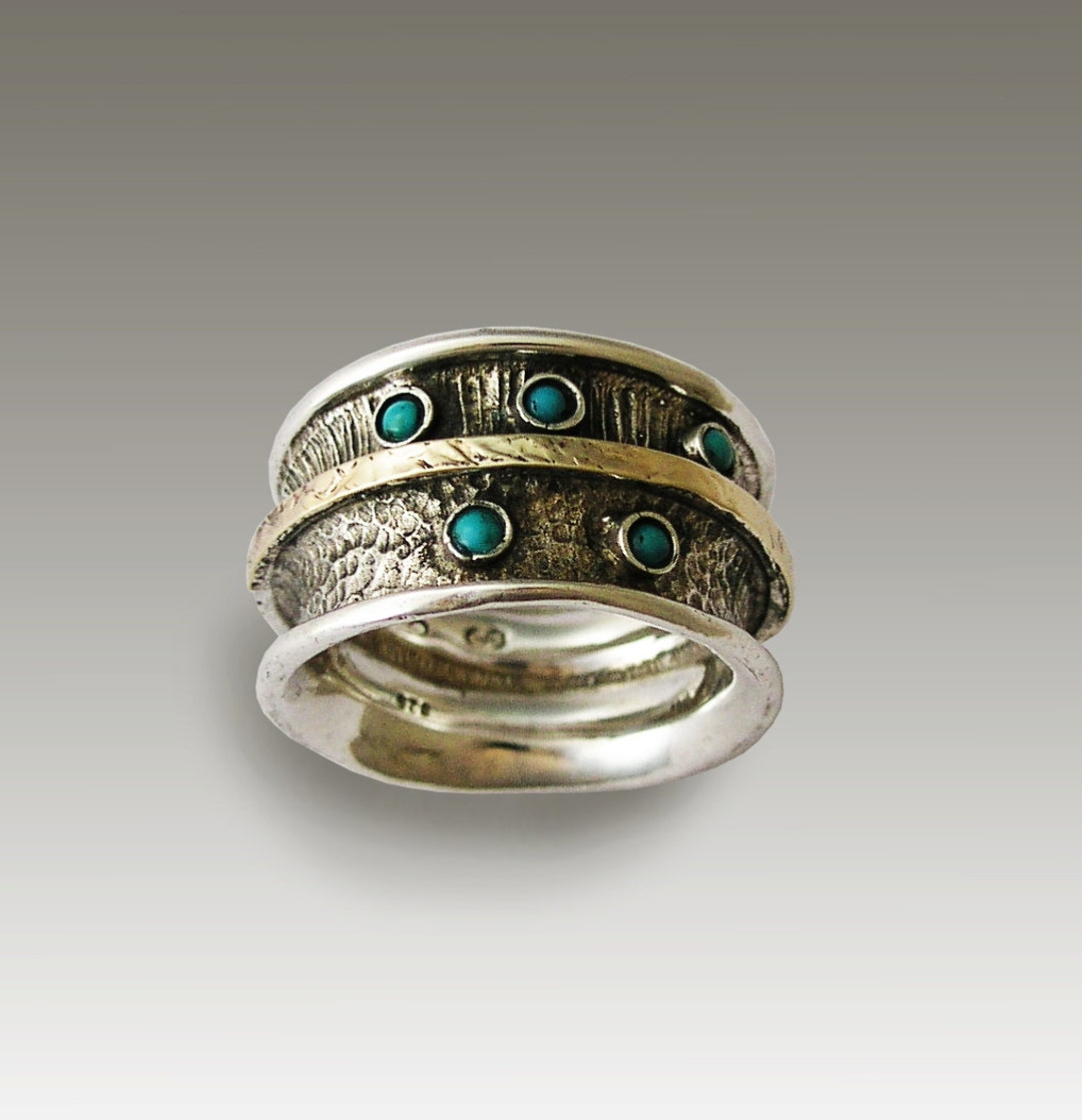 Sterling Silver Band, Silver and Gold Band, Mixed Metal Ring, Turquoise ...