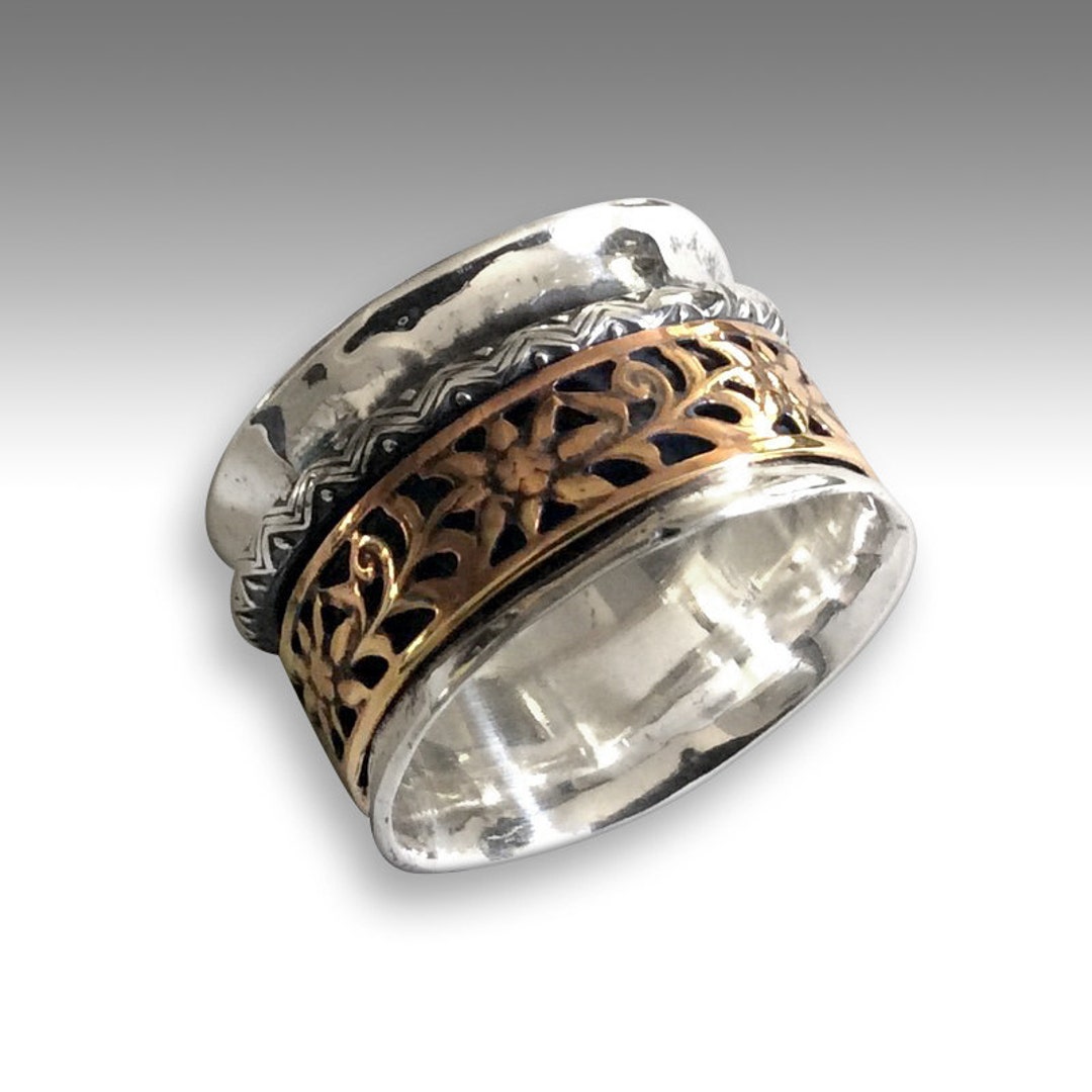 Brass Spinners Ring, Sterling Silver Band, Stacking Band, Floral Ring ...