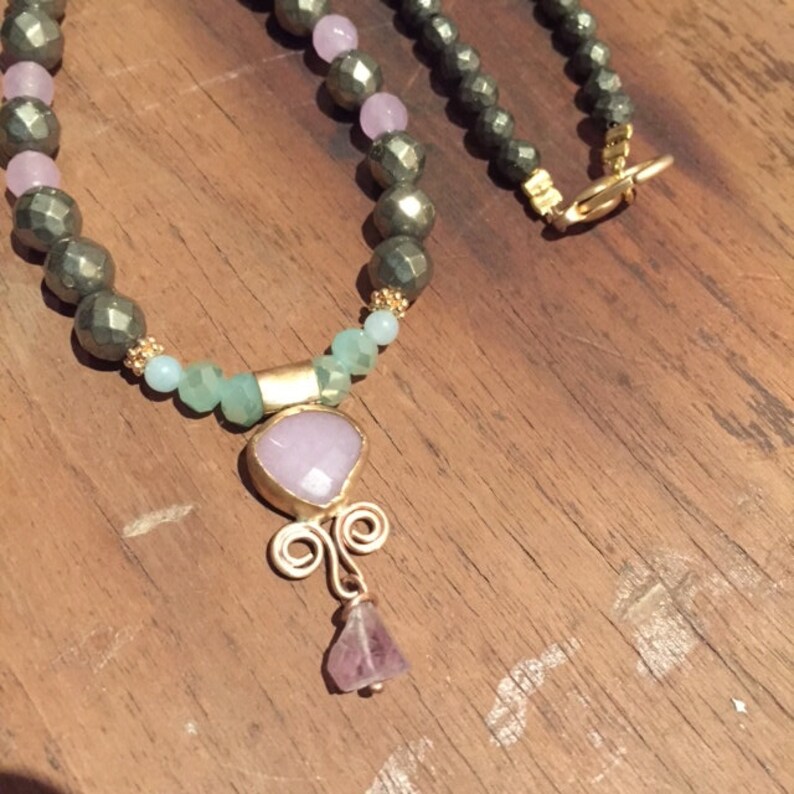 Rose Quartz Pyrite Necklace, Multistone Necklace, Gemstone Pendant ...