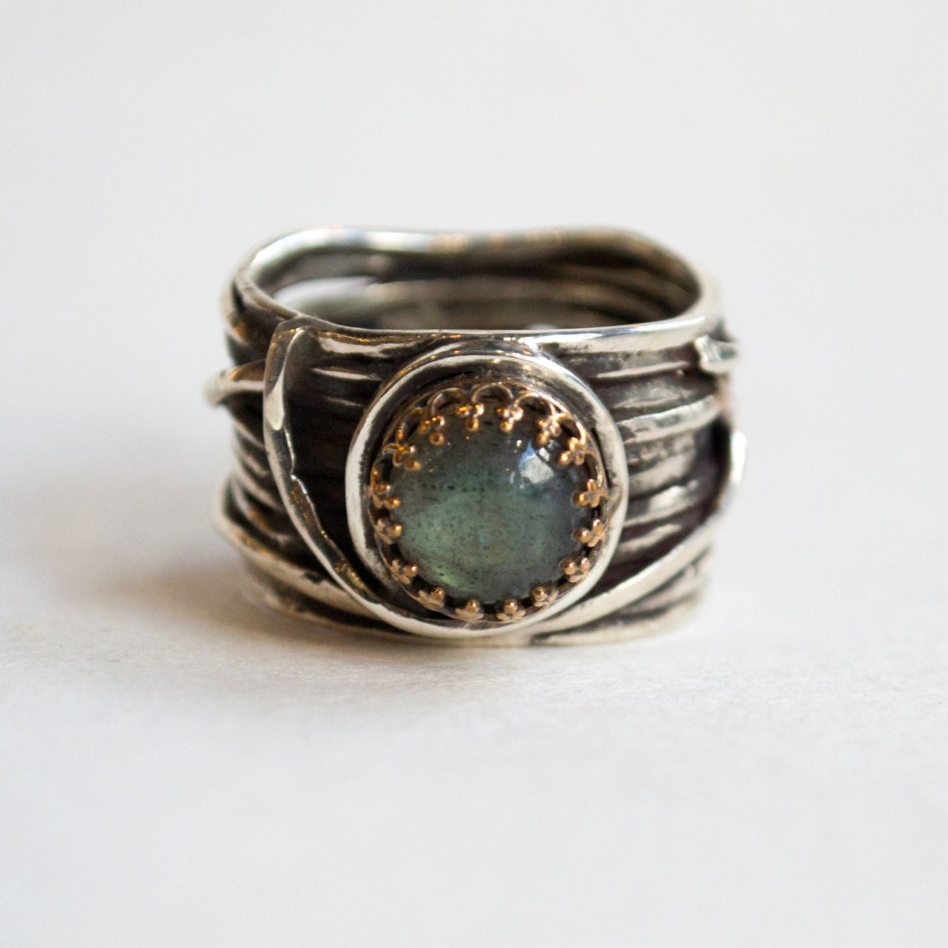 Labradorite ring Silver ring wide band two tones ring | Etsy