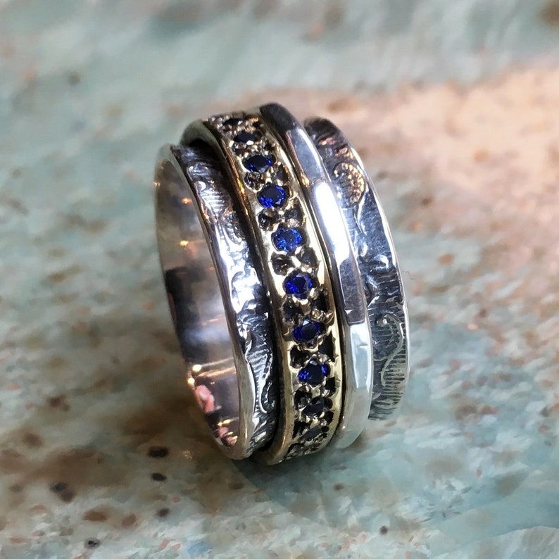 Blue Sapphires Ring Spinners Ring Wide Silver Brass Silver | Etsy