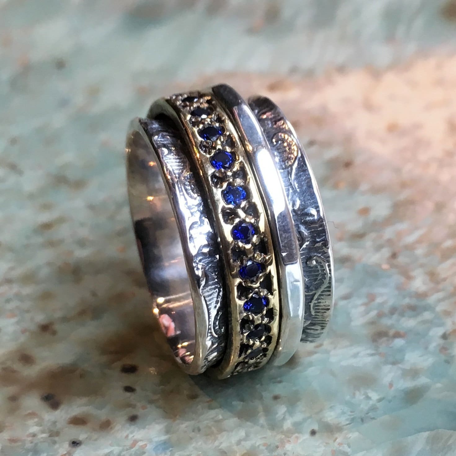Blue Opals Ring, Spinners Ring, Wide Brass Gold Silver Ring, Boho Ring ...