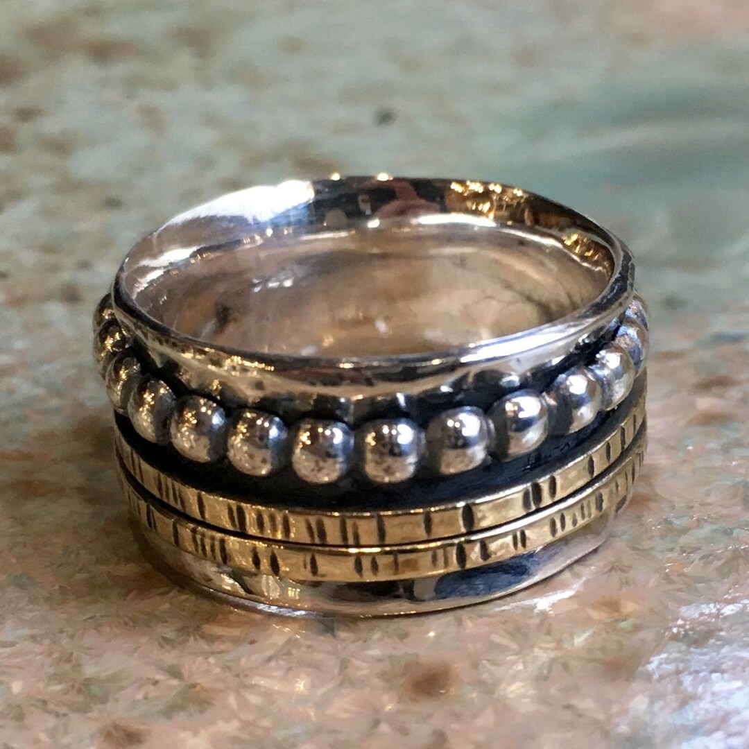 Wedding Band, Sterling Silver Brass Ring, Spinners Ring, Wide Silver ...