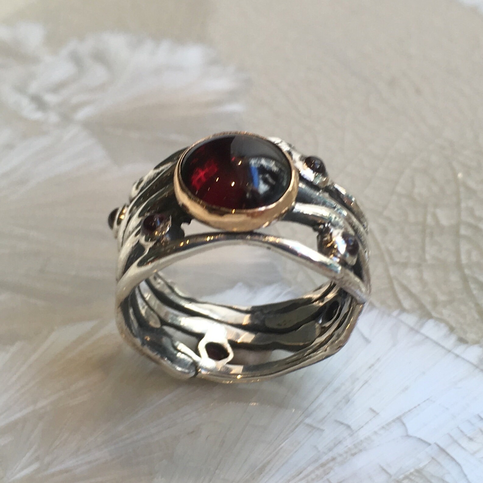 Garnet Ring Mothers Ring Sterling Silver Band Organic Band Wide Silver Band Two Tones Ring Multi Stones Ring Diamond Sky R2151 Etsy Canada