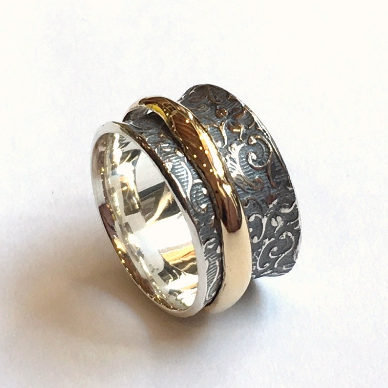 Silver Wedding Bands Set Silver Gold Rings Spinner Ring - Etsy