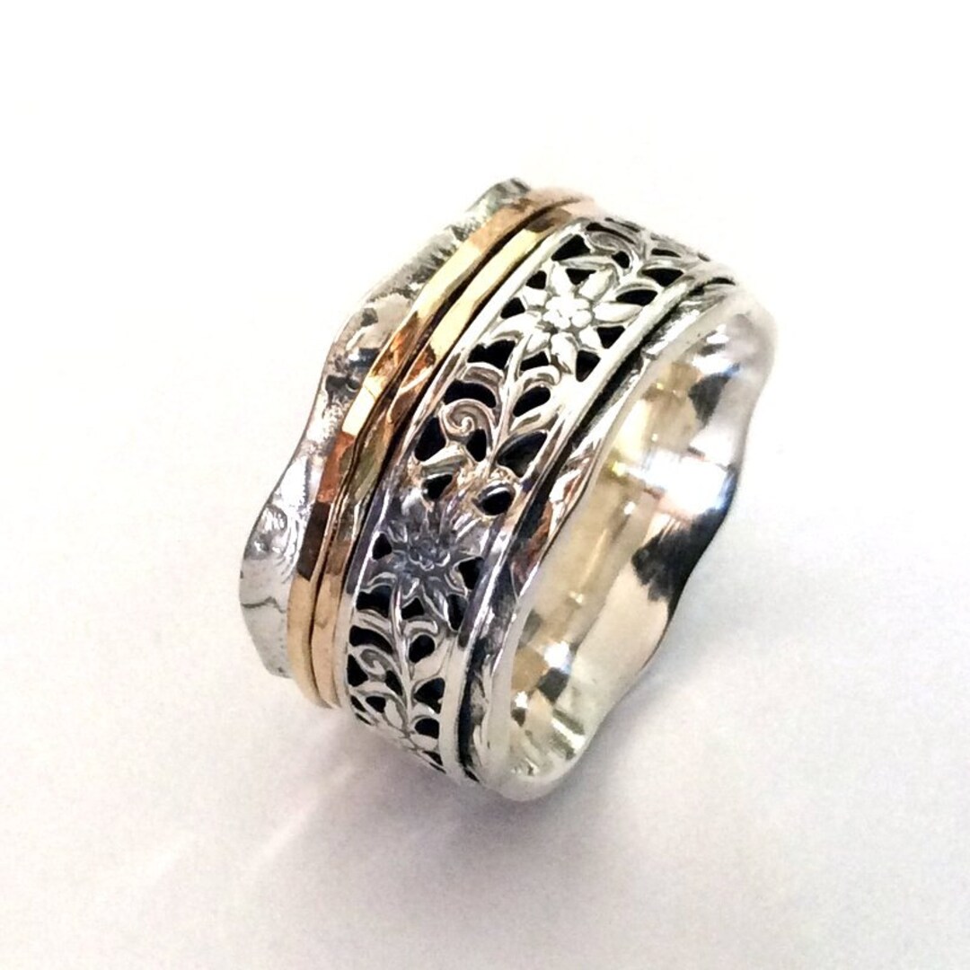 Floral Ring, Two Tones Band, Gold Silver Band, Sterling Silver Ring ...