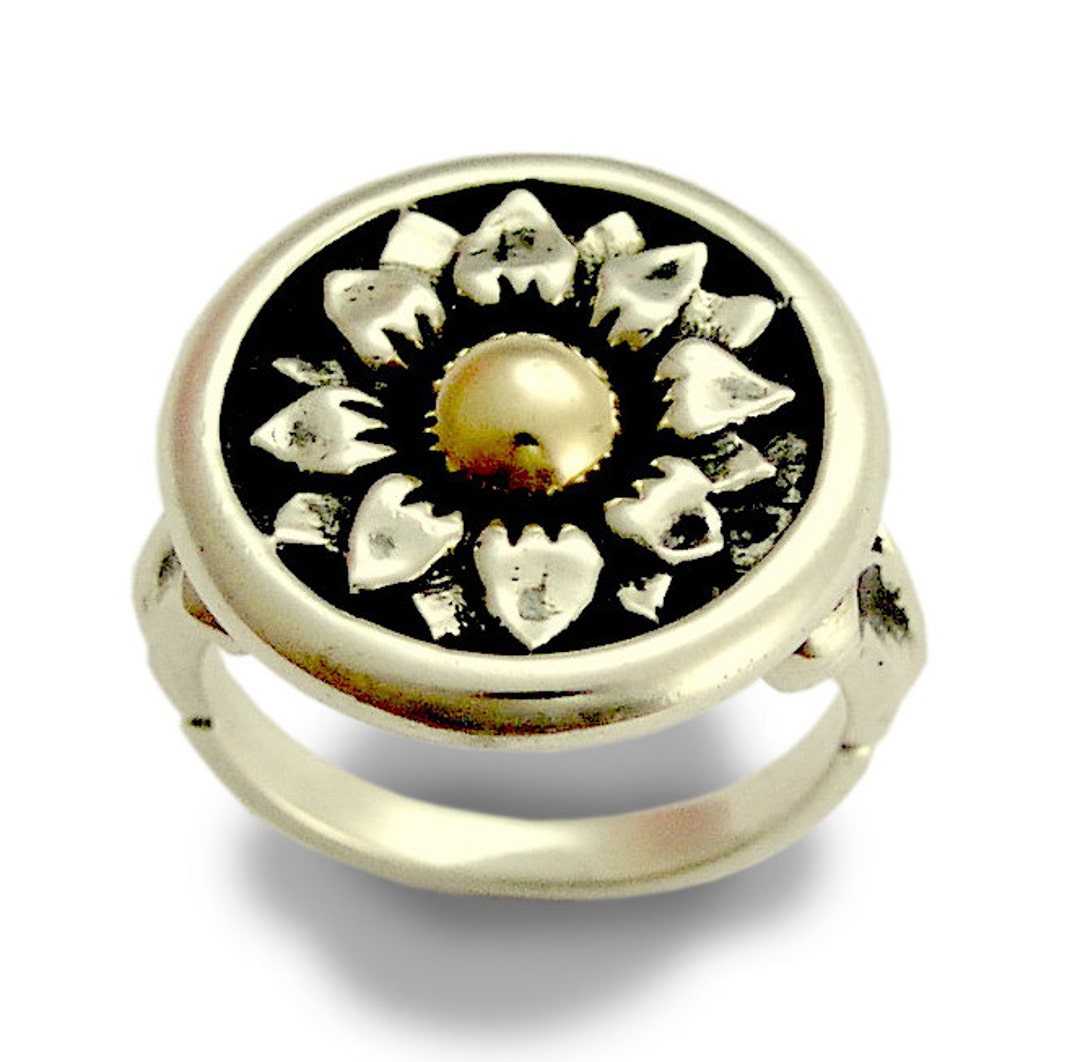 Sunflower Ring, Silver Ring, Silver Gold Ring, Rustic Silver Ring ...