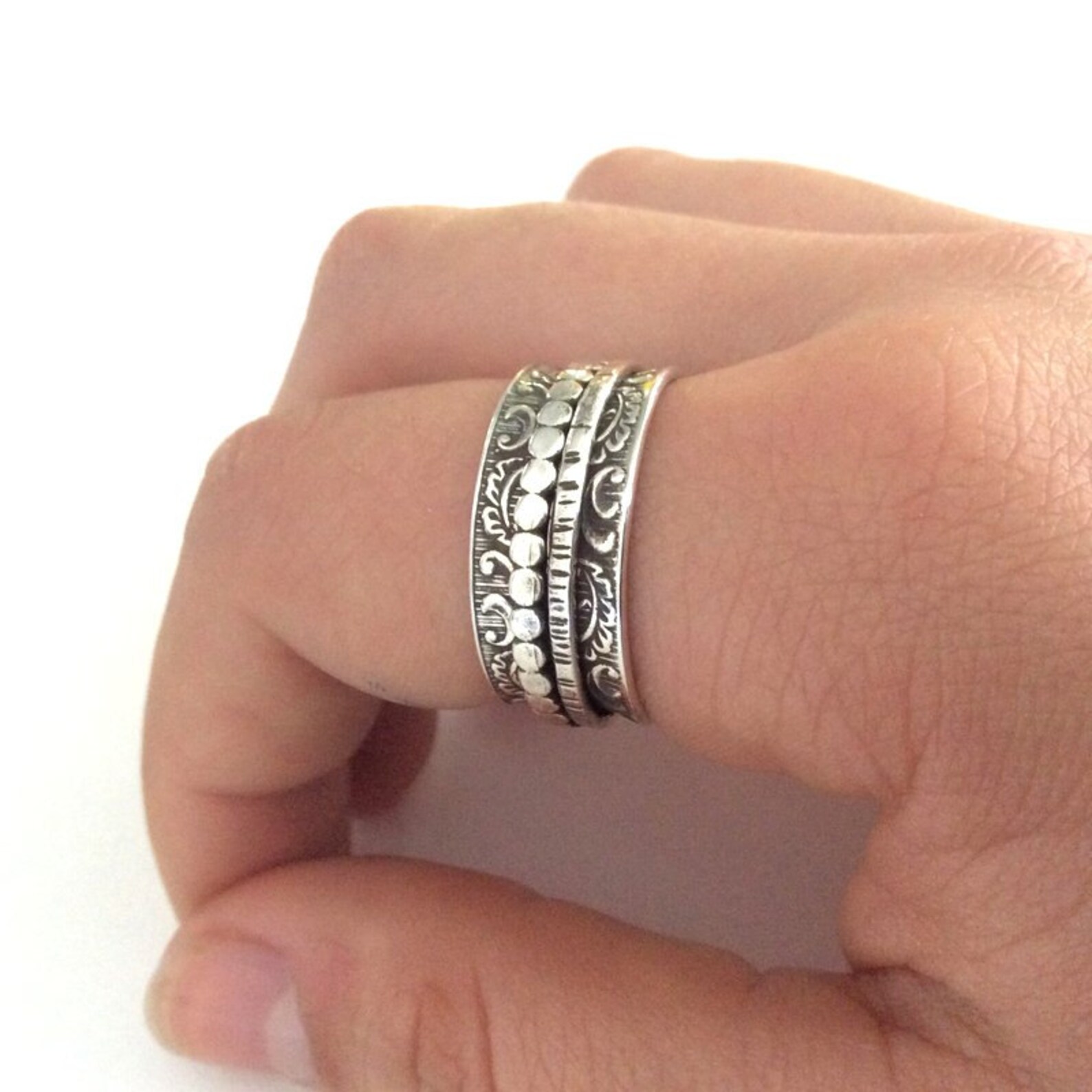 Silver Wedding Band, Sterling Silver Ring, Spinner Ring, Filigree Ring ...