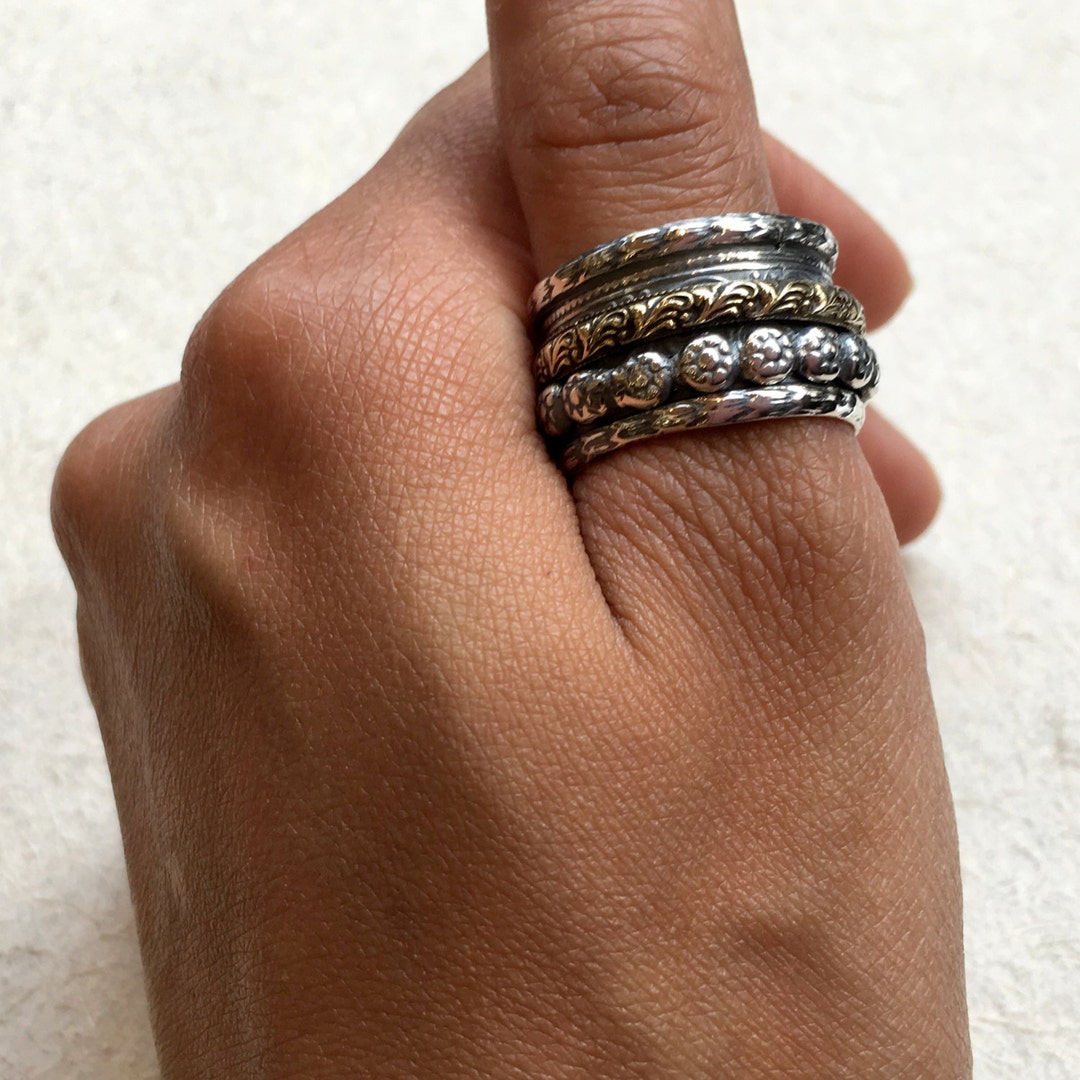 Spinner Ring, Sterling Silver Brass Ring, Floral Band, Stacking Ring ...