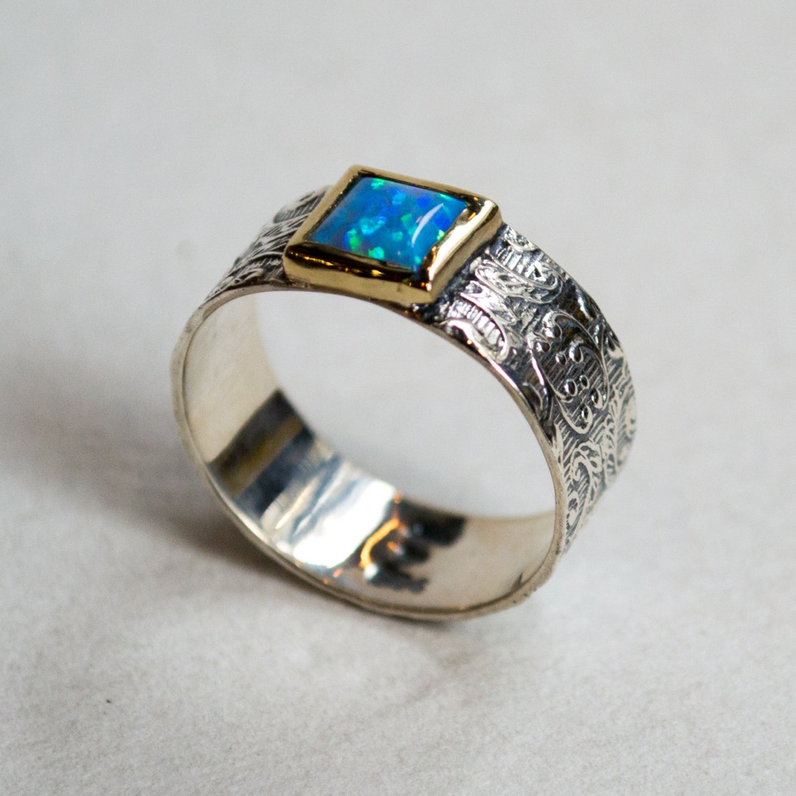 Square Opal Ring Twotone Statement Ring Cocktail Ring | Etsy