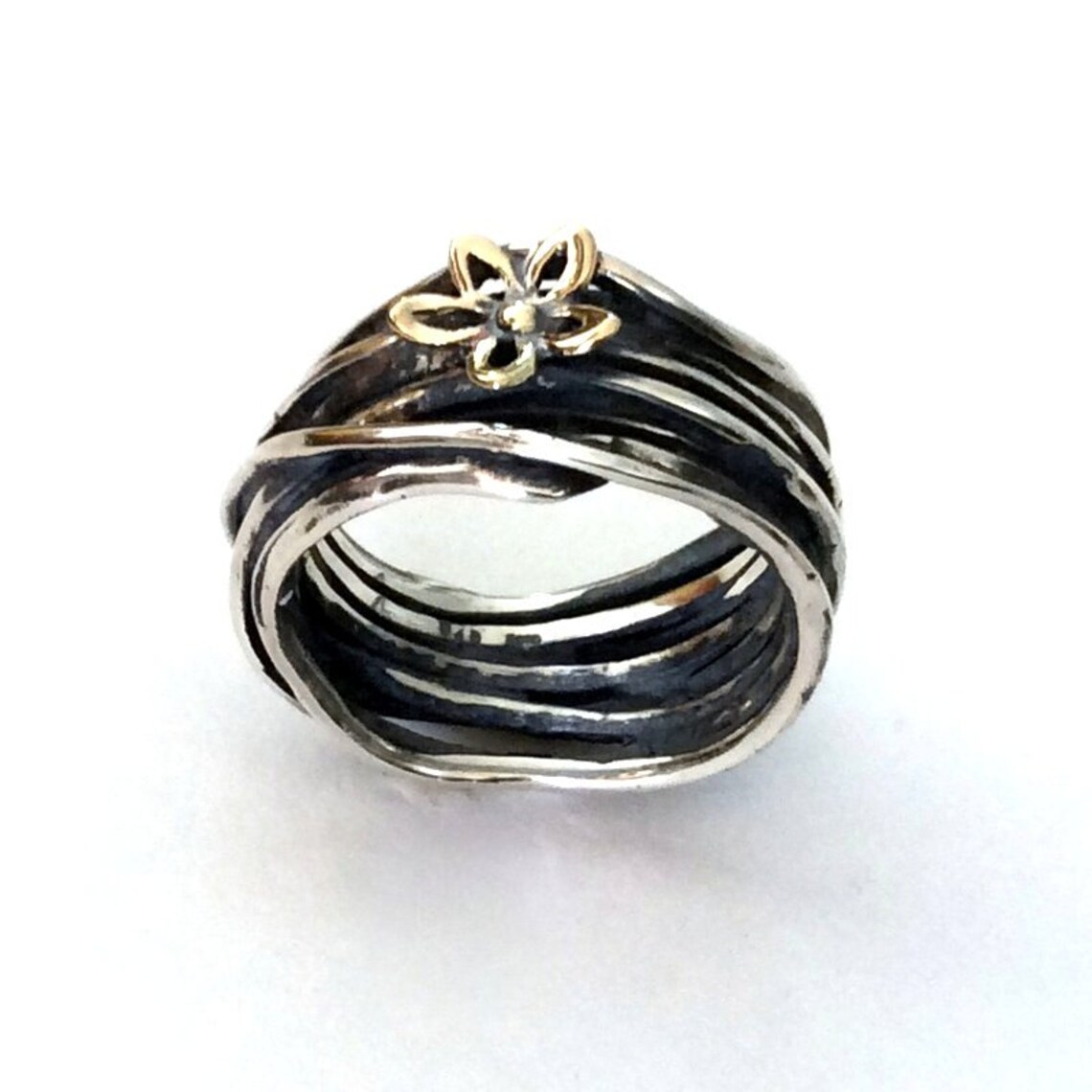 Sterling Silver Band, Gold Flower Ring, Wire Wrap Band, Two Tones Ring ...