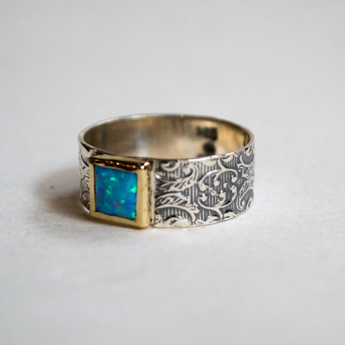 Square Opal Ring Twotone Statement Ring Cocktail Ring | Etsy