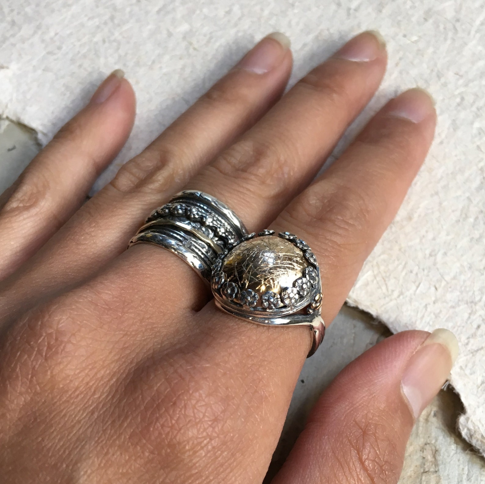 Two Tones Ring, Silver Gold Ring, Flowers Ring, Engagement Ring ...