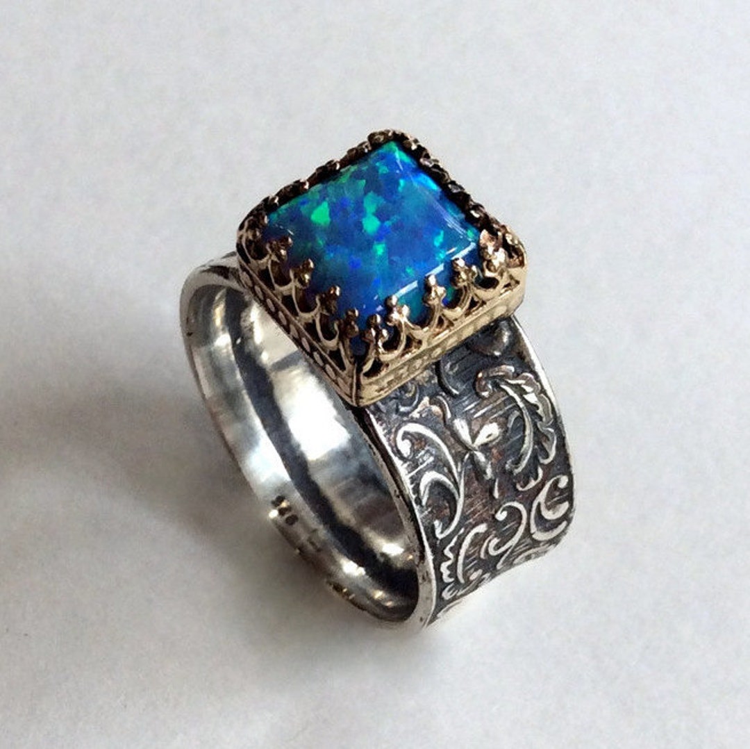 Square Opal Ring, October Birthstone Ring, Silver Gold Ring, Engagement ...