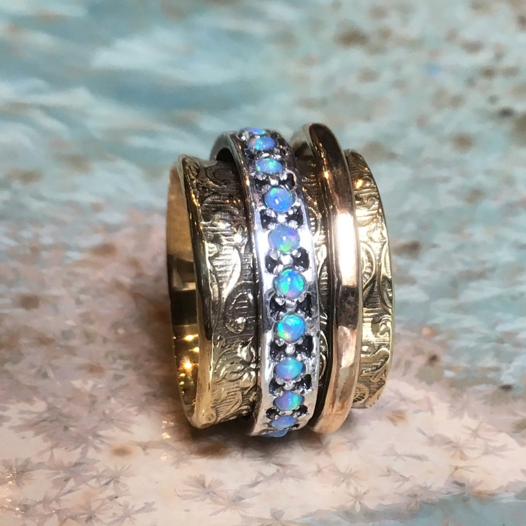 Blue Opals Ring, Spinners Ring, Wide Brass Gold Silver Ring, Boho Ring ...
