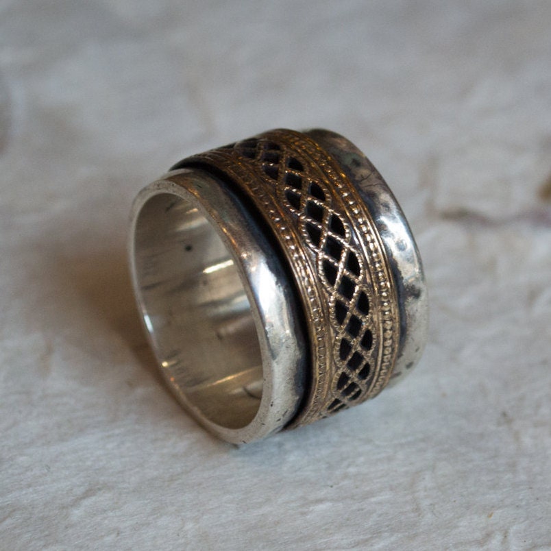 Sterling silver band spinner ring silver and brass ring | Etsy