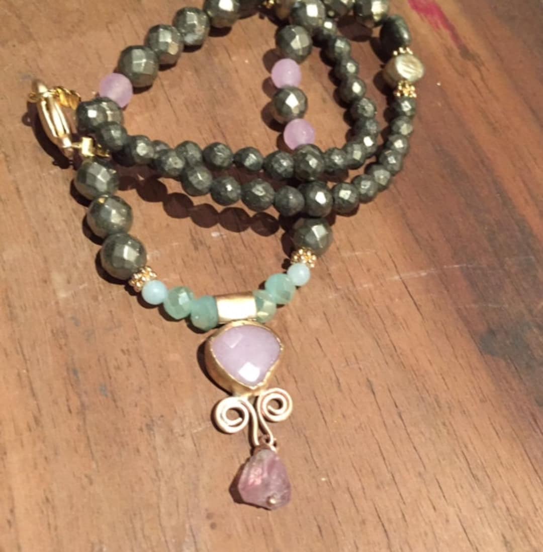 Rose Quartz Pyrite Necklace, Multistone Necklace, Gemstone Pendant ...