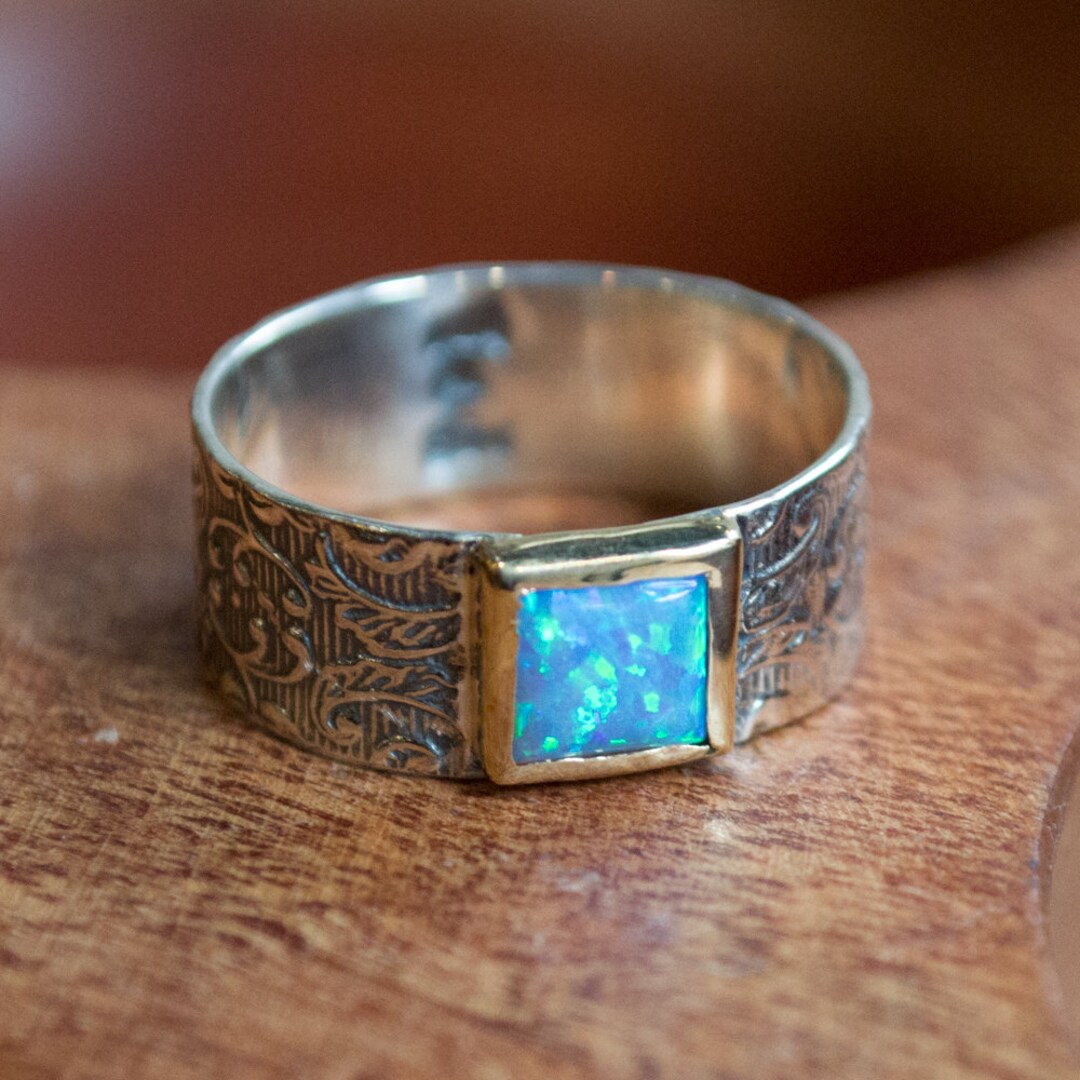Square Opal Ring Twotone Statement Ring Cocktail Ring - Etsy