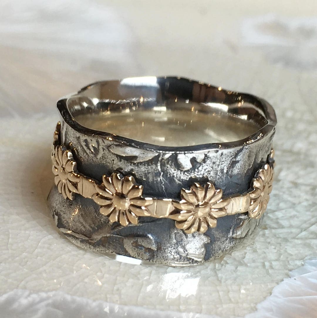 Silver Gold Wedding Band, Silver Gold Ring, Floral Spinner Ring ...