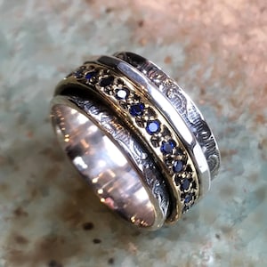 Blue Sapphires Ring, Spinners Ring, Wide Silver Brass Silver Ring, Boho ...