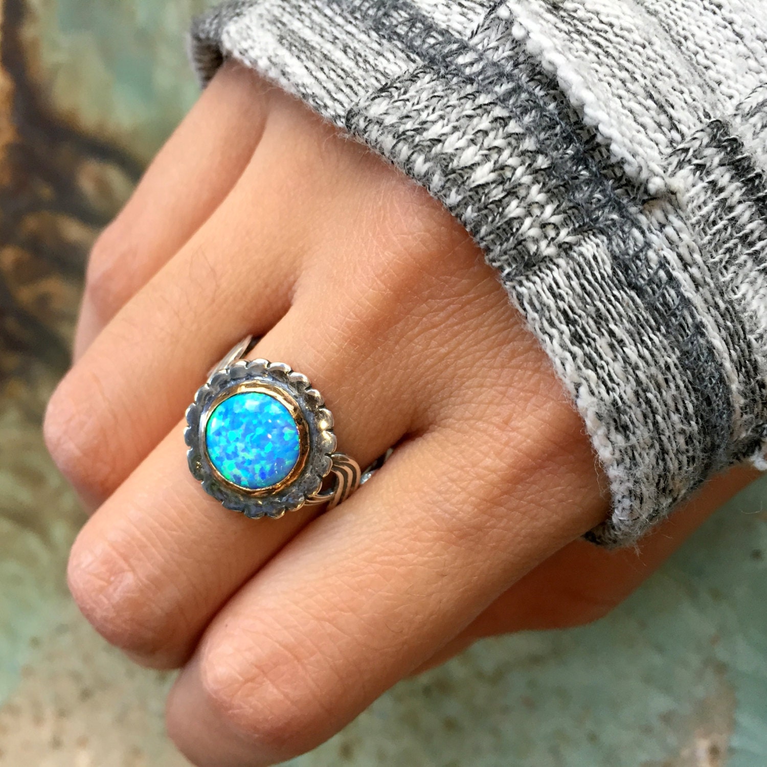 Blue opal ring Sterling silver gold ring statement ring | Etsy