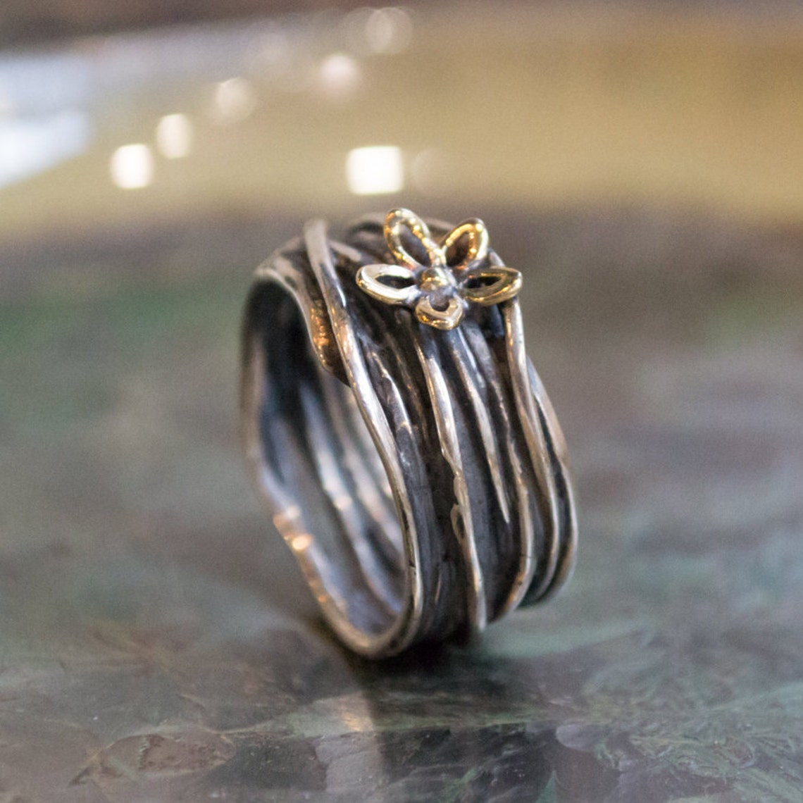 Sterling Silver Band Flower Ring Wire Wrap Band Two Tones - Etsy
