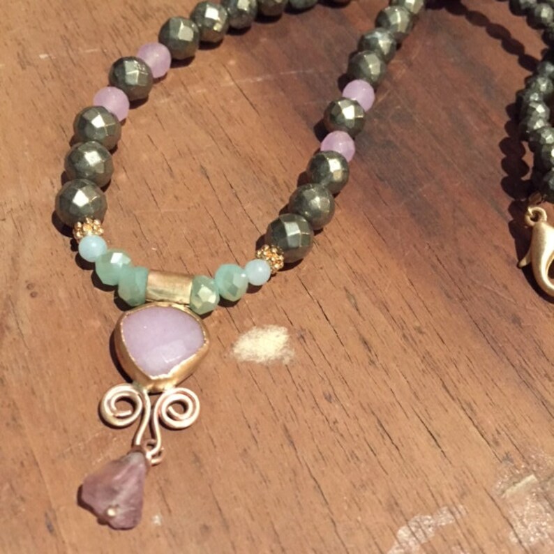 Rose Quartz Pyrite Necklace, Multistone Necklace, Gemstone Pendant ...