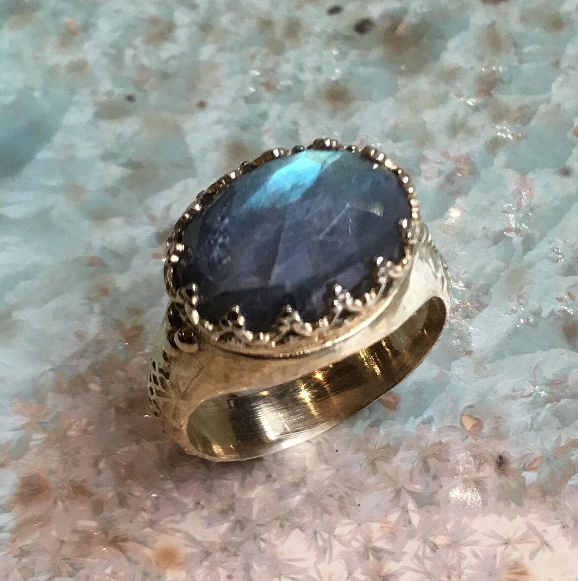 Labradorite Ring Crown Ring Golden brass Ring Gemstone | Etsy