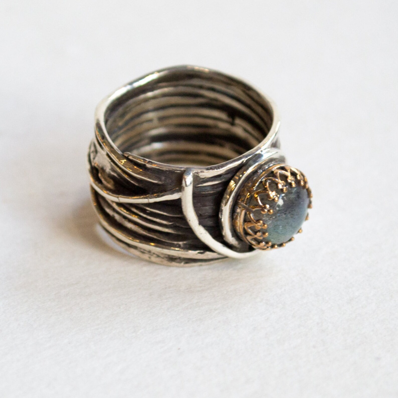 Labradorite ring Silver ring wide band two tones ring | Etsy