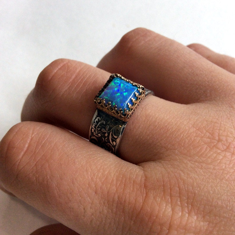Sterling Silver Ring Silver Leaves Ring Square Opal Ring | Etsy