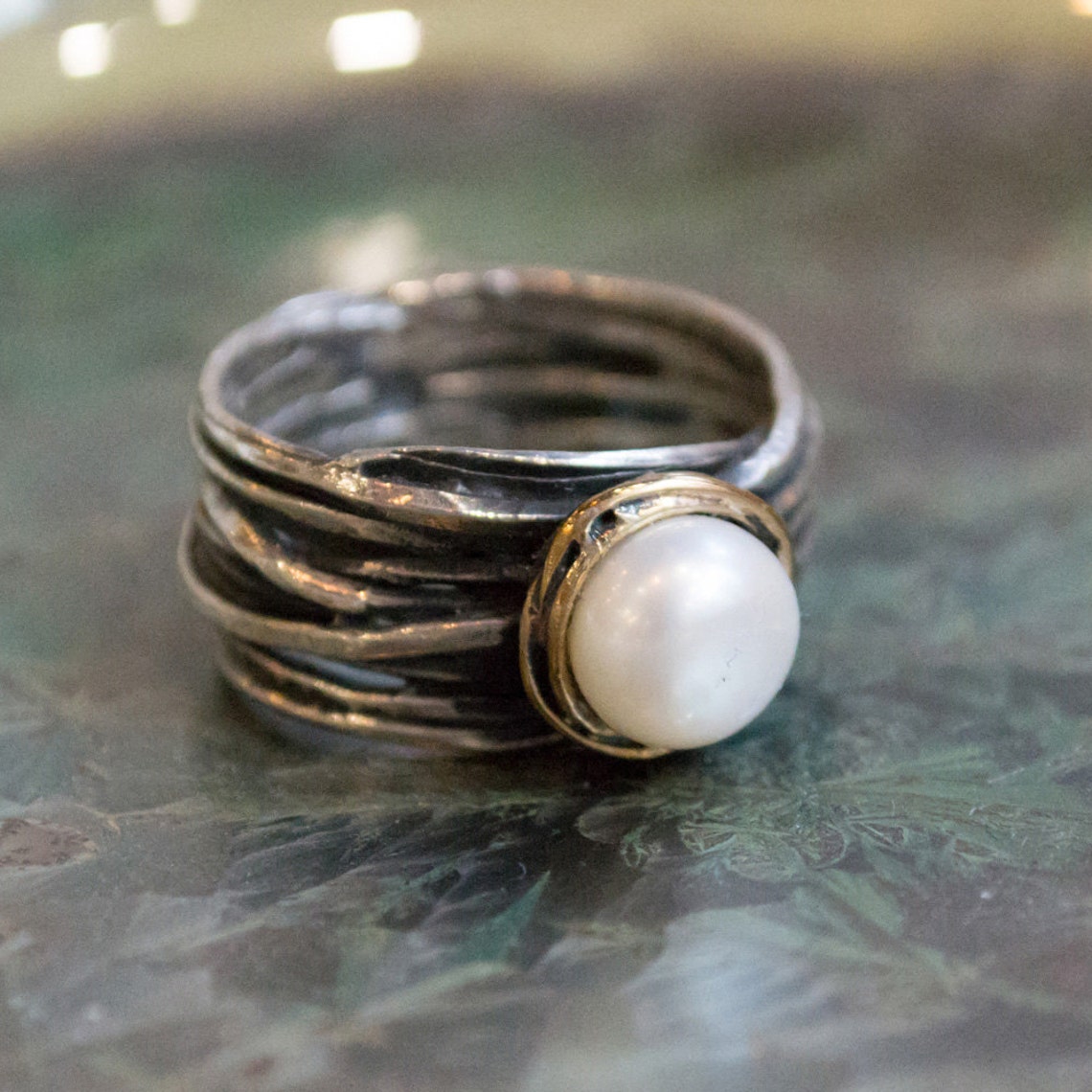 Single Pearl Ring, Sterling Silver Ring, Silver With Gold Ring, Silver ...