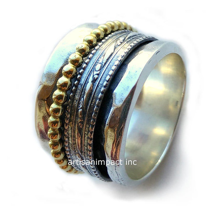 Wedding Band, Wide Oxidized Ring, Mixed Metal Ring, Wide Band, Spinners ...