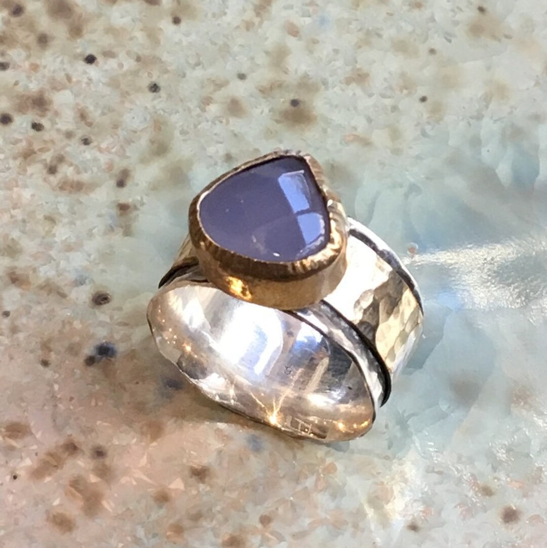 Meditation Ring, Silver Gold Band, Lavender Chalcedony Ring, Spinner Ring, Wide Ring, Wedding ...
