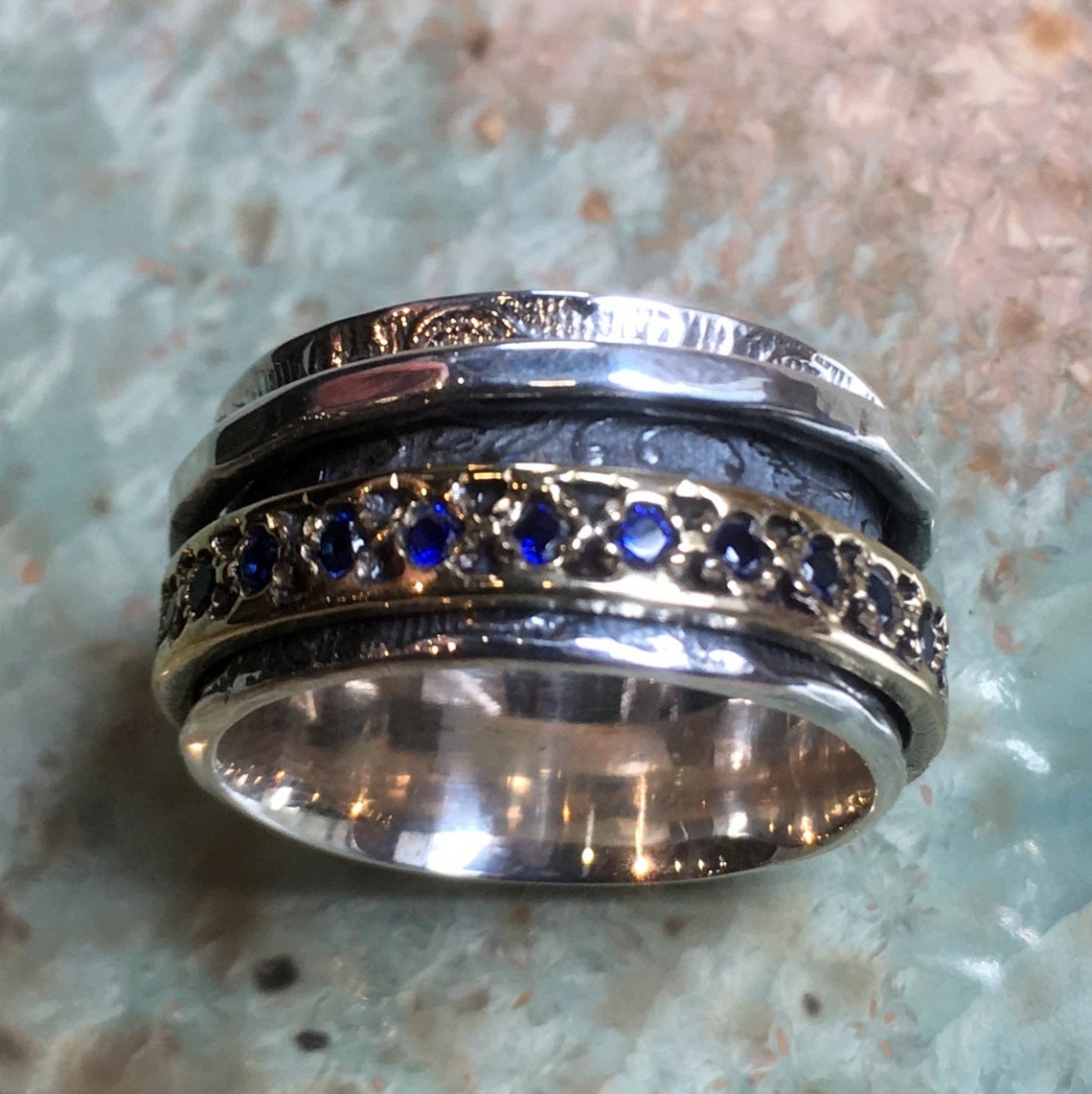 Blue Sapphires Ring Spinners Ring Wide Silver Brass Silver | Etsy