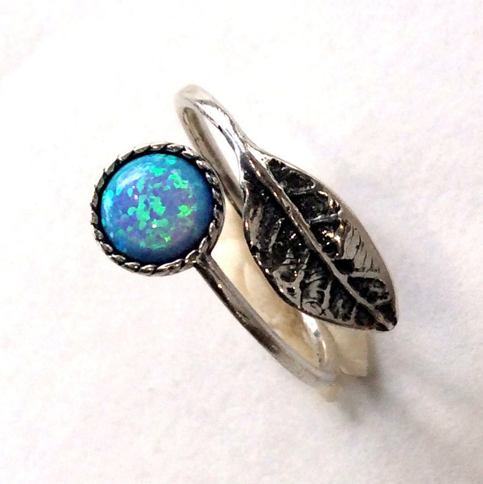 Dainty Silver Ring, Nature Ring, Leaf Ring, Silver Ring, Blue Opal Ring ...