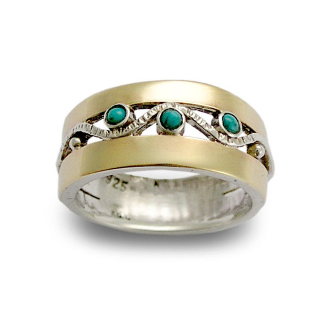 Turquoise Ring, Birthstones Ring, Two Tones Band, Gold Silver Ring ...