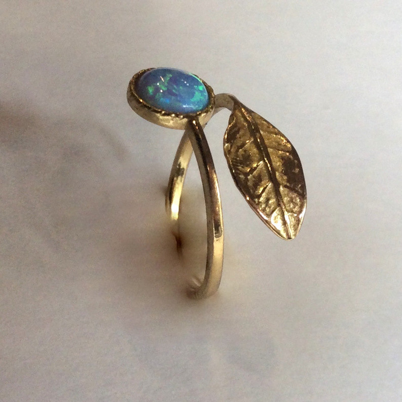Botanical Ring, Opal Ring, Leaf Ring, Golden Brass Ring, Adjustable ...
