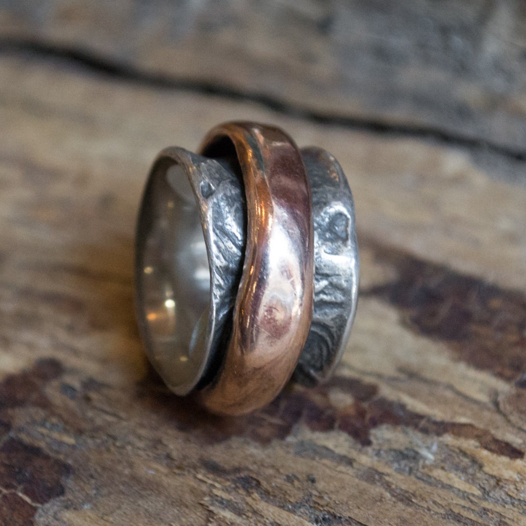 Rustic Wedding Band, Spinner Ring, Fidget Wedding Ring, Silver Gold ...