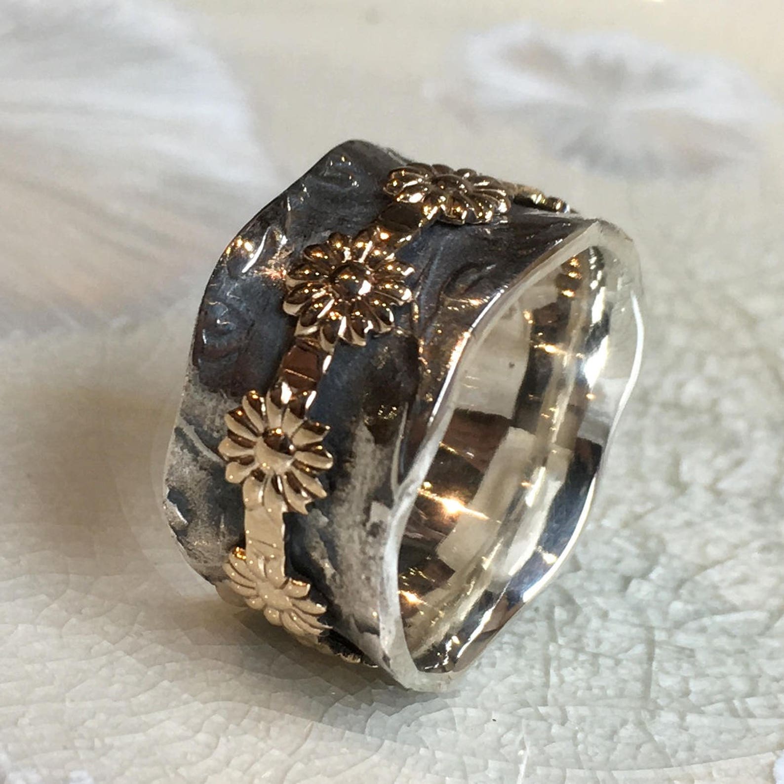 Silver Gold Wedding Band, Silver Gold Ring, Floral Spinner Ring ...