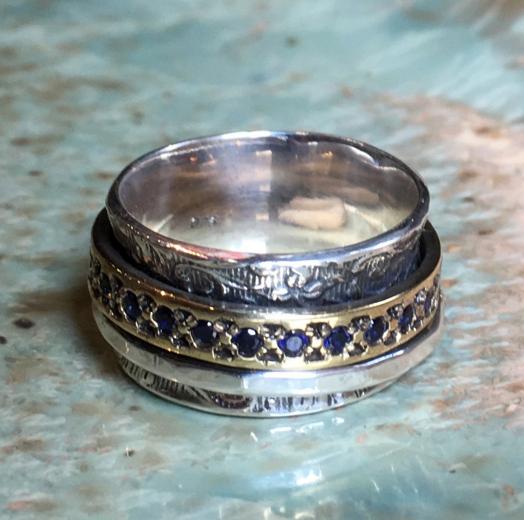 Blue Sapphires Ring, Spinners Ring, Wide Silver Brass Silver Ring, Boho ...