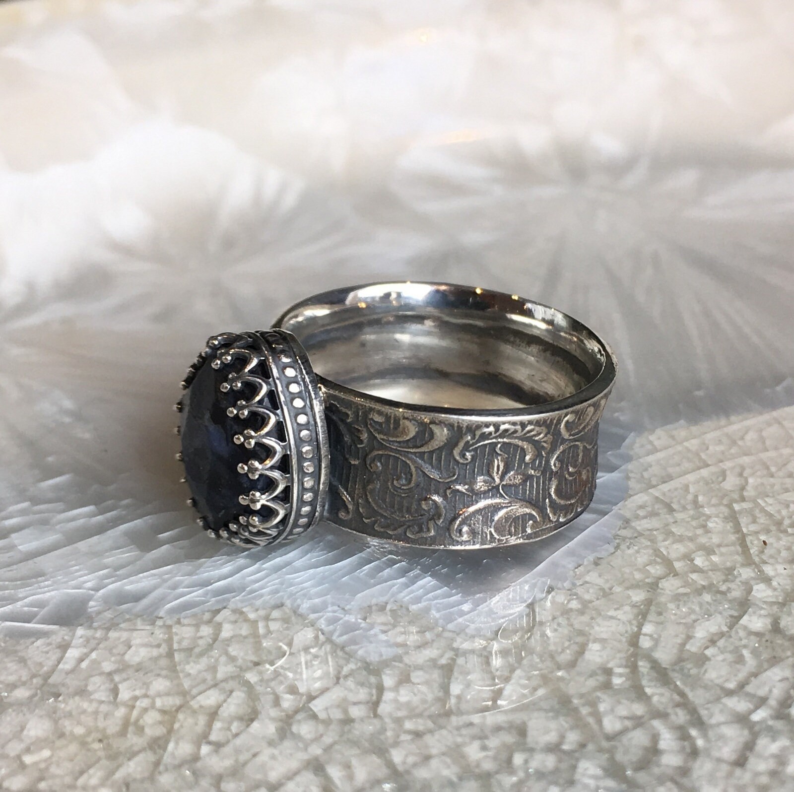 Iolite Gemstone Ring Filigree Wide Silver Ring Blue Stone | Etsy