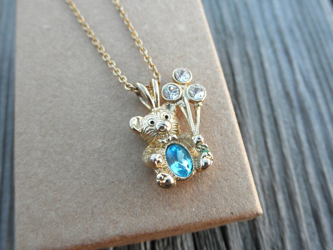 Vintage Avon Teddy Bear Charm Necklace - 1980s Brass Teddy Bear, Blue ...
