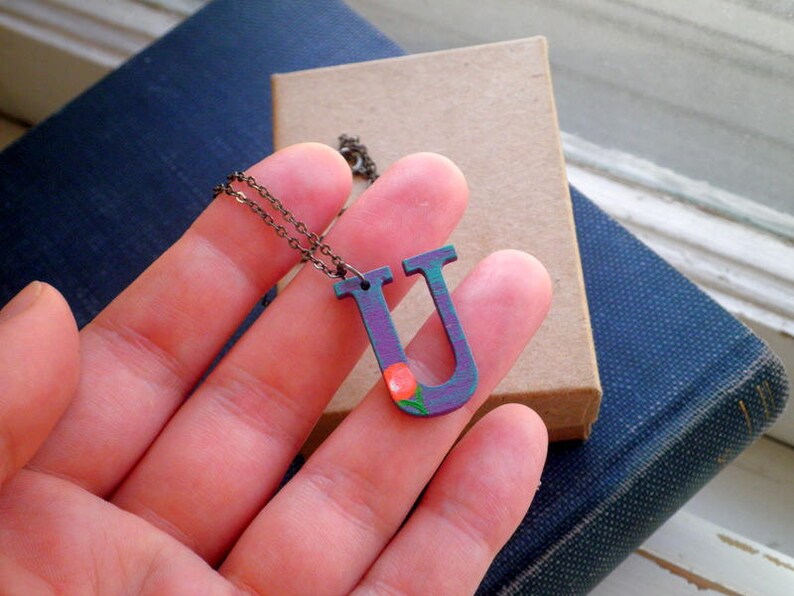 Letter U Initial Charm Necklace - Hand Painted Floral Letter U Wood ...